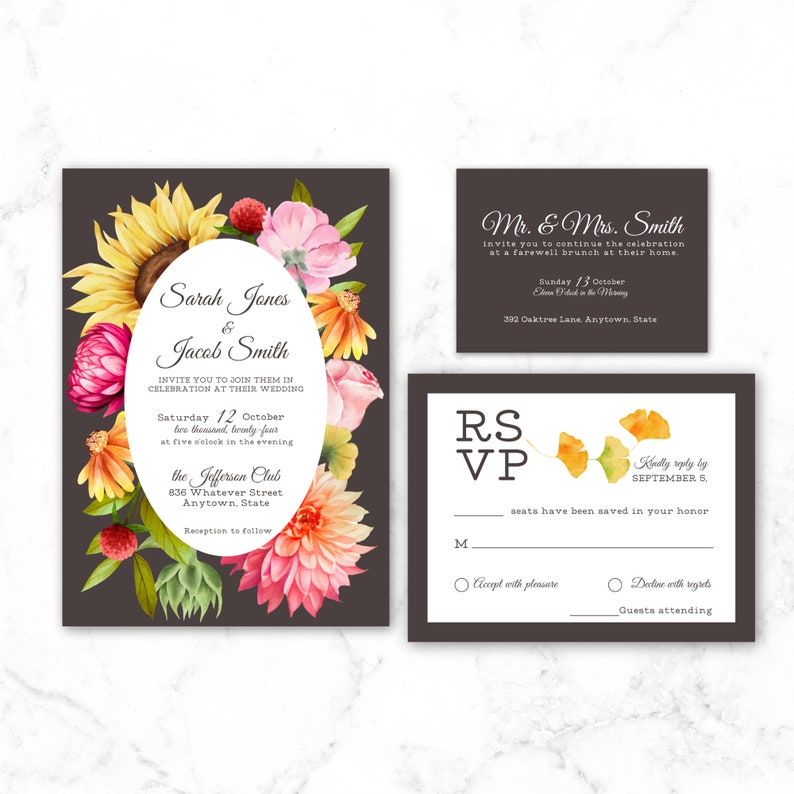 Bold Fall Floral Wedding Invitation Set, Watercolor Autumn Wedding ...