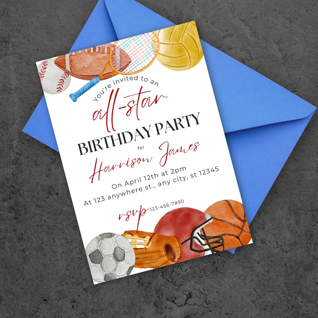 All Star Sports Birthday Party Invitation Set - Sports Birthday Party ...