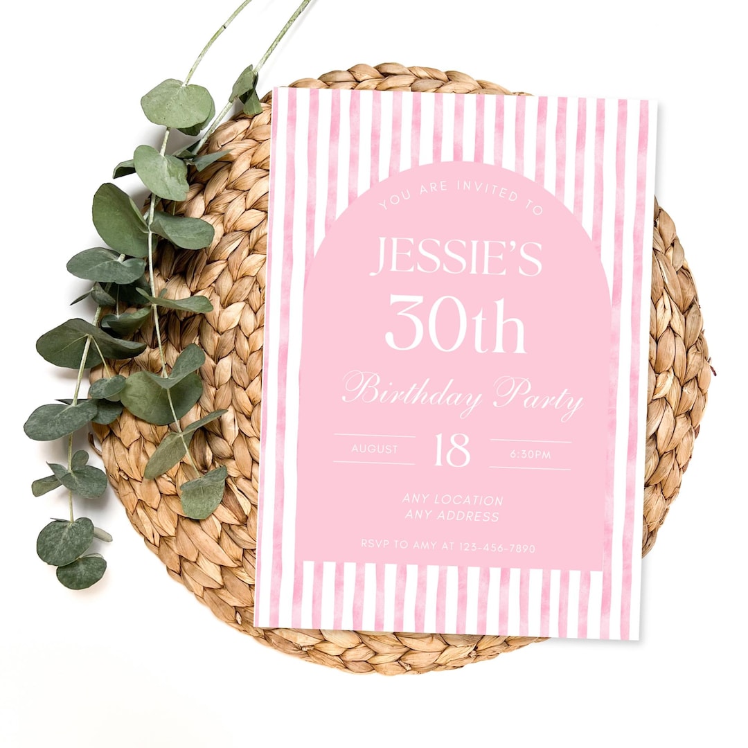 Preppy Pink Milestone Birthday Party Invitation, Printable Striped B ...