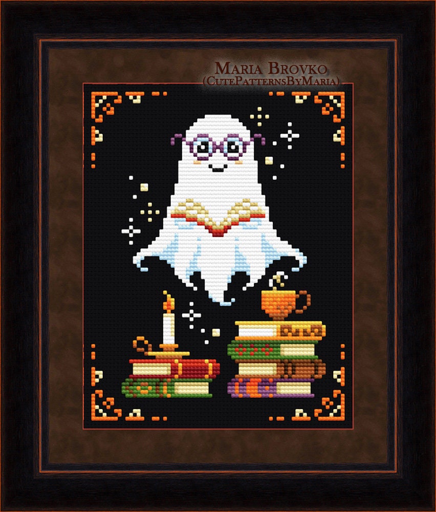 Cross Stitch Halloween Decor Ghost With Books Pattern DMC Chart ...