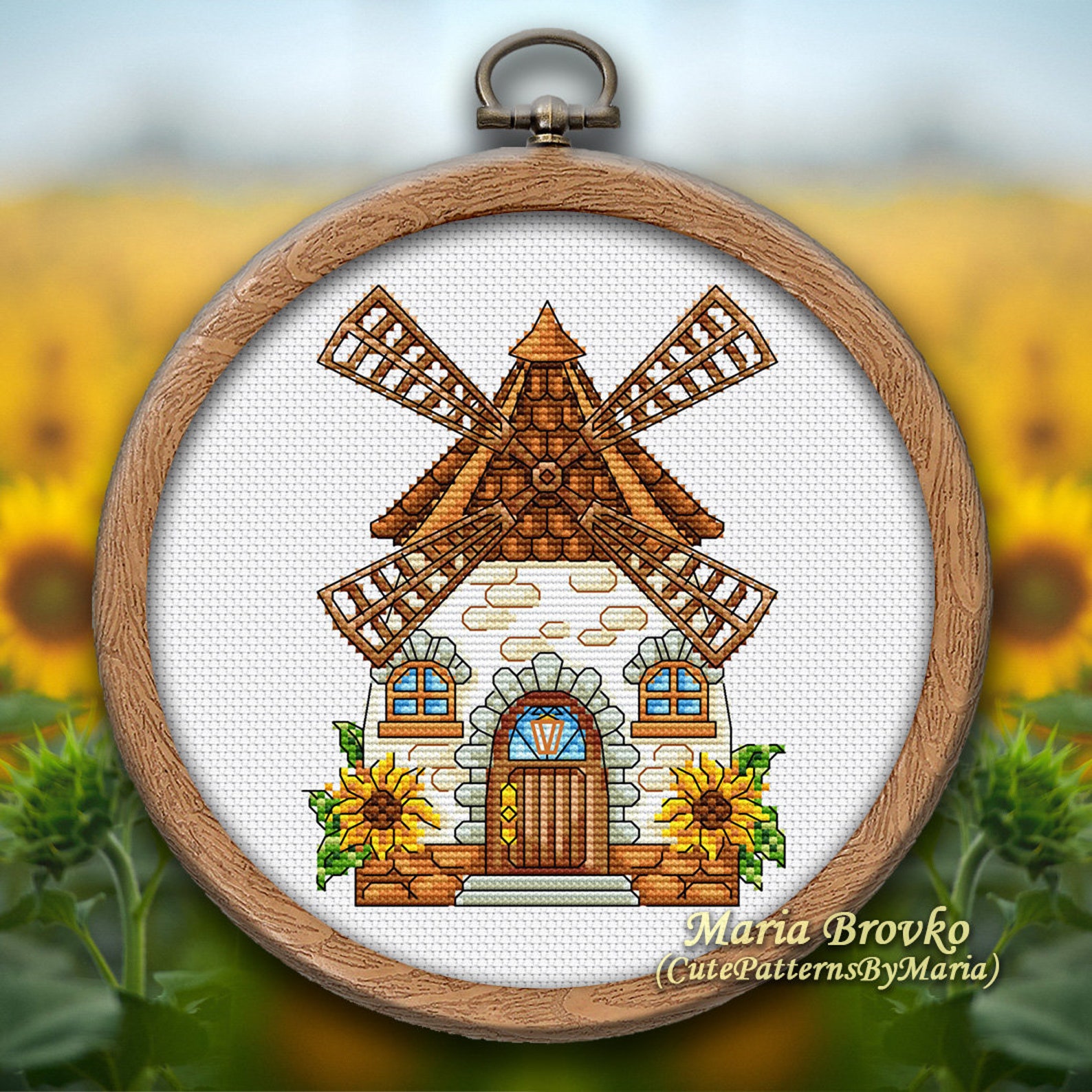 Cross Stitch Pattern Windmill With Sunflowers 3 Color Options DMC Chart ...