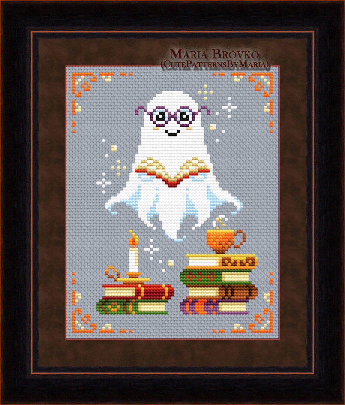 Cross Stitch Halloween Decor Ghost With Books Pattern DMC Chart ...