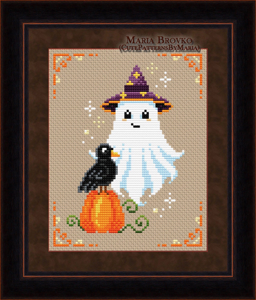Cross Stitch Halloween Decor Ghost and Raven Pattern DMC Chart ...