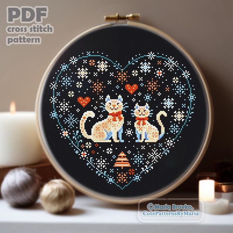 Cross Stitch Pattern Snowflake Heart With Cats DMC Chart Family ...