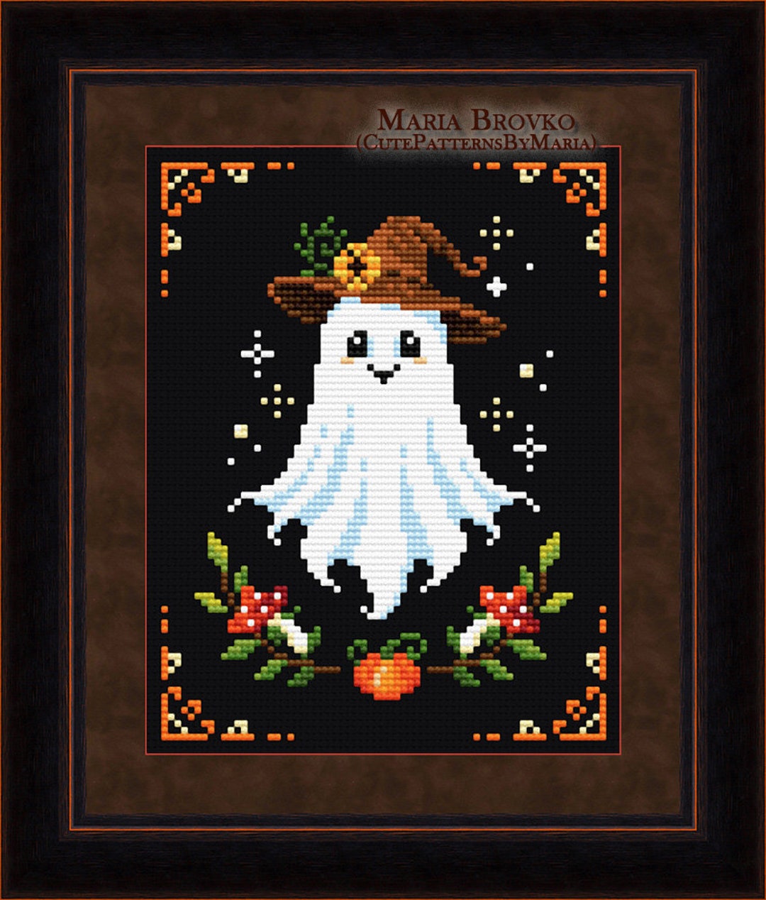 Cross Stitch Halloween Decor Ghost in the Brown Hat Pattern DMC Chart ...