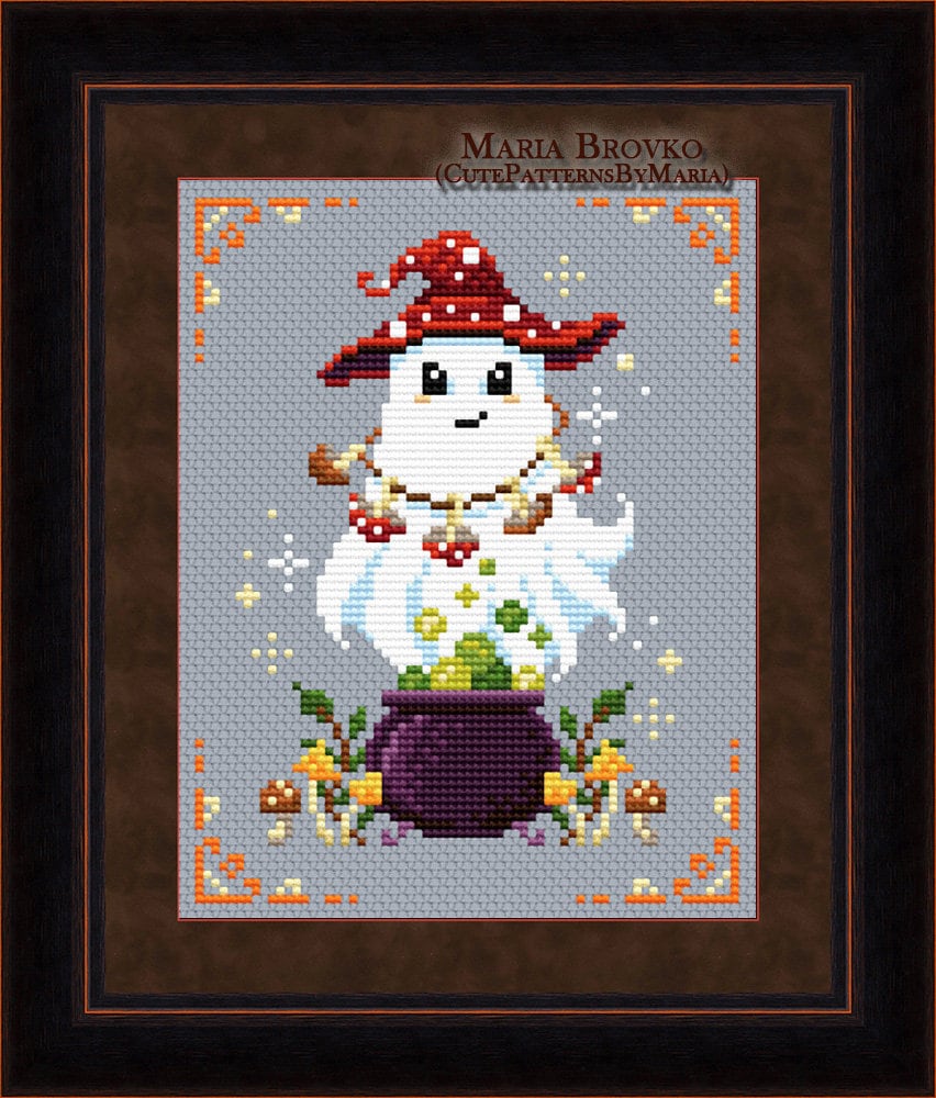 Cross Stitch Halloween Decor Ghost With a Cauldron Pattern DMC Chart ...