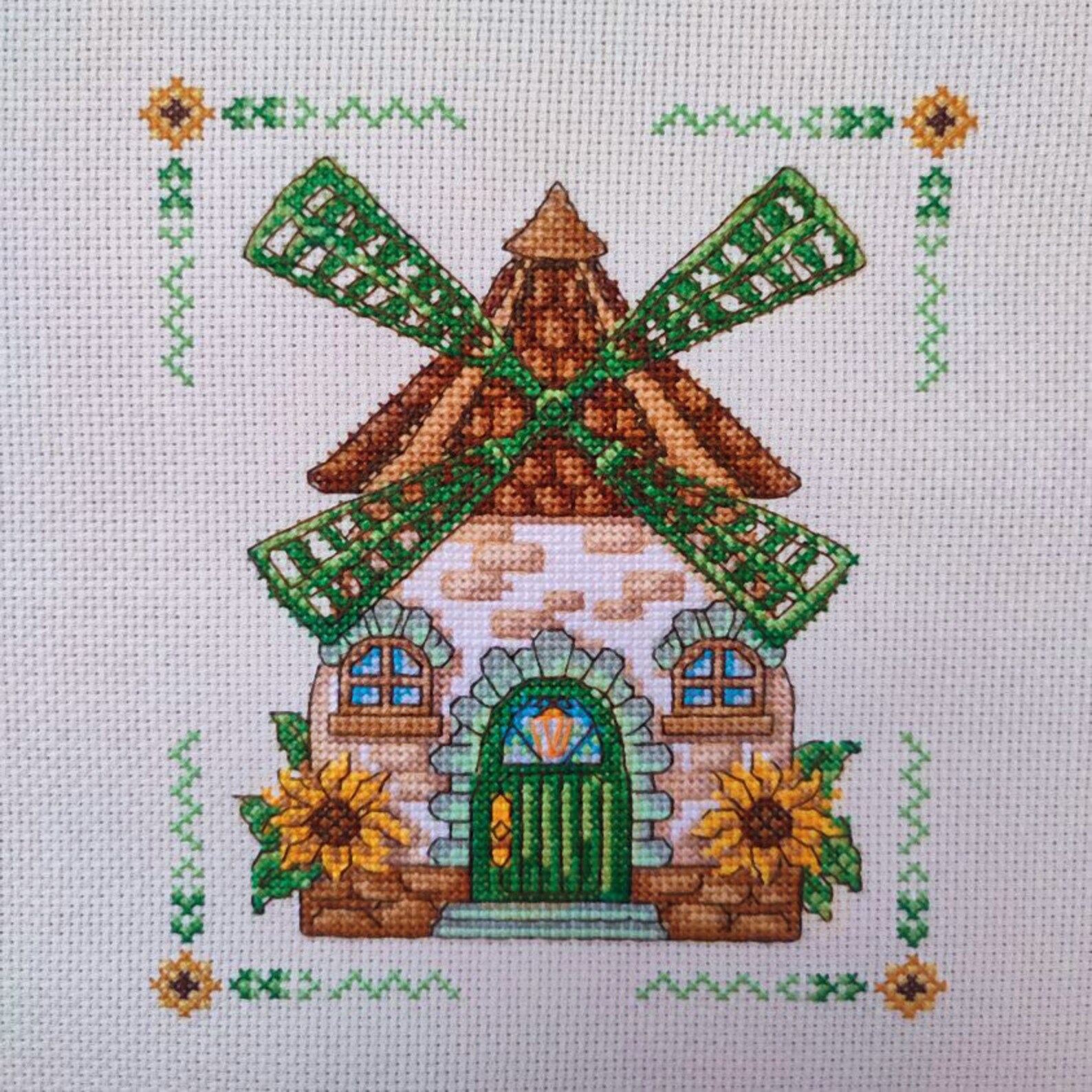 Cross Stitch Pattern Windmill With Sunflowers 3 Color Options DMC Chart ...