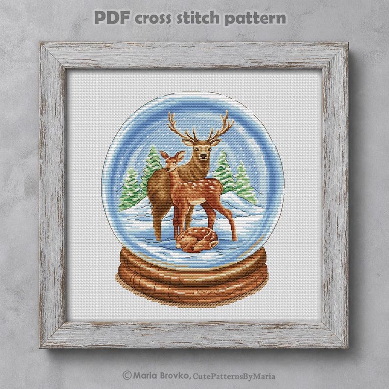 Kruissteekpatroon sneeuwbol met hert DMC borduurpatroon afdrukbare pdf ...