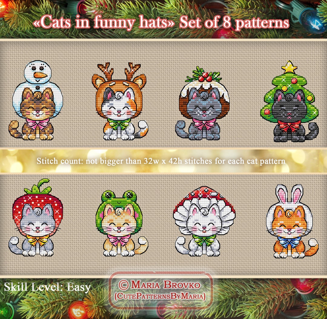 35% Cheaper as Set - 8 Cats in Funny Hats Cross Stitch Pattern DMC ...