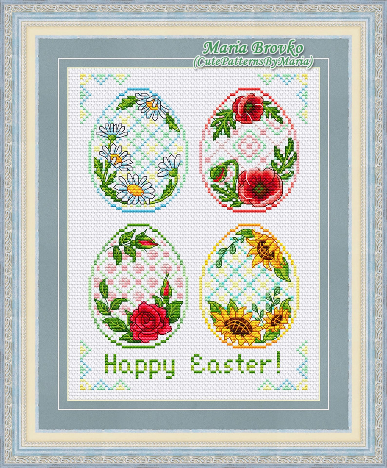 Cross Stitch Pattern Easter Sampler Four Flower Eggs - Chamomile, Poppy ...