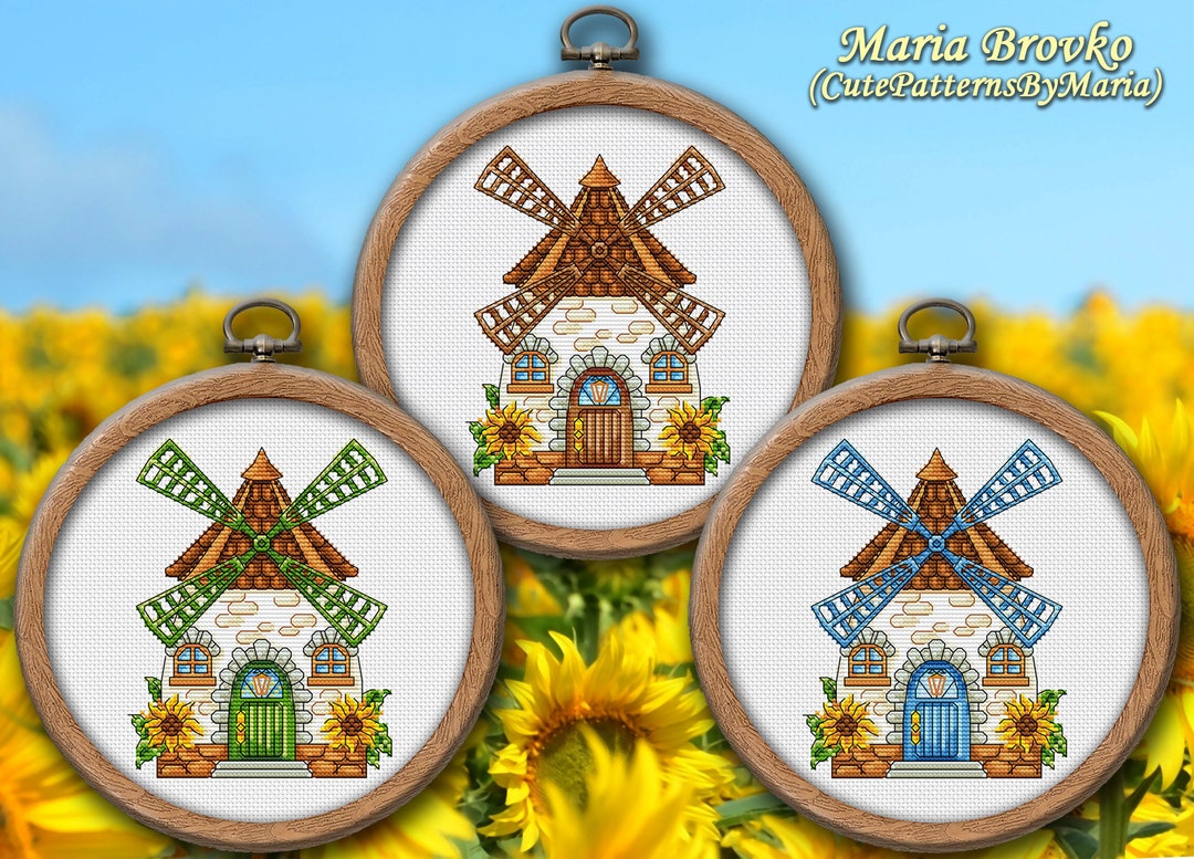 Cross Stitch Pattern Windmill With Sunflowers 3 Color Options DMC Chart ...