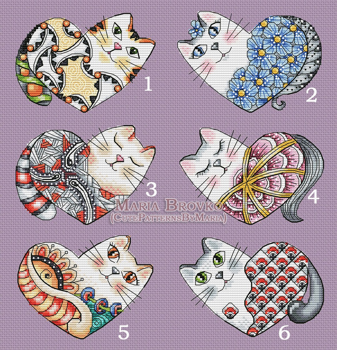 Cross Stitch Pattern Valentine Cats 6-piece Set DMC Chart Embroidery ...