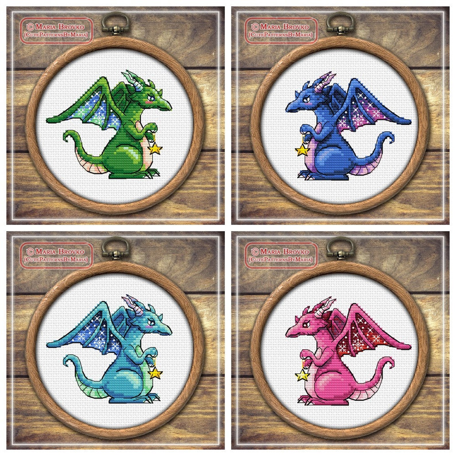 Cross Stitch Pattern 8 Color Options Dragon With Star and Snowflakes ...