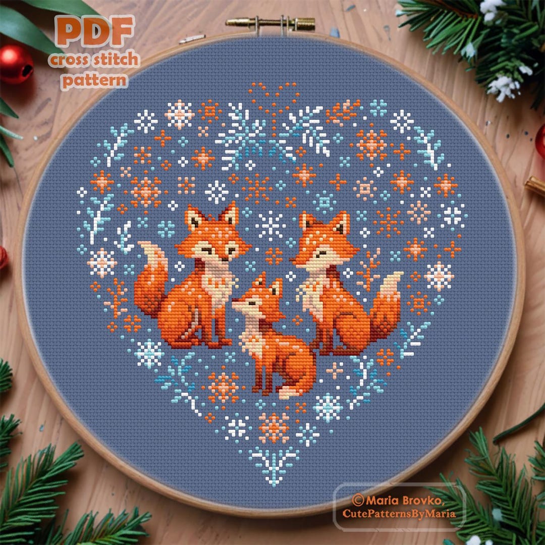 Cross Stitch PDF Pattern Snowflake Heart With Foxes DMC Chart Family ...