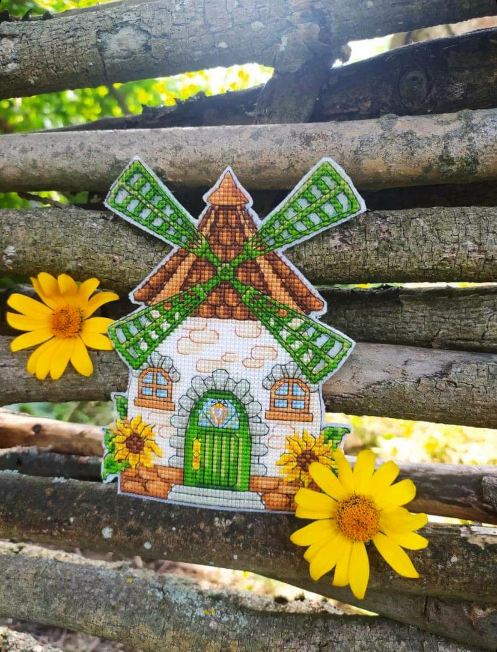 Cross Stitch Pattern Windmill With Sunflowers 3 Color Options DMC Chart ...