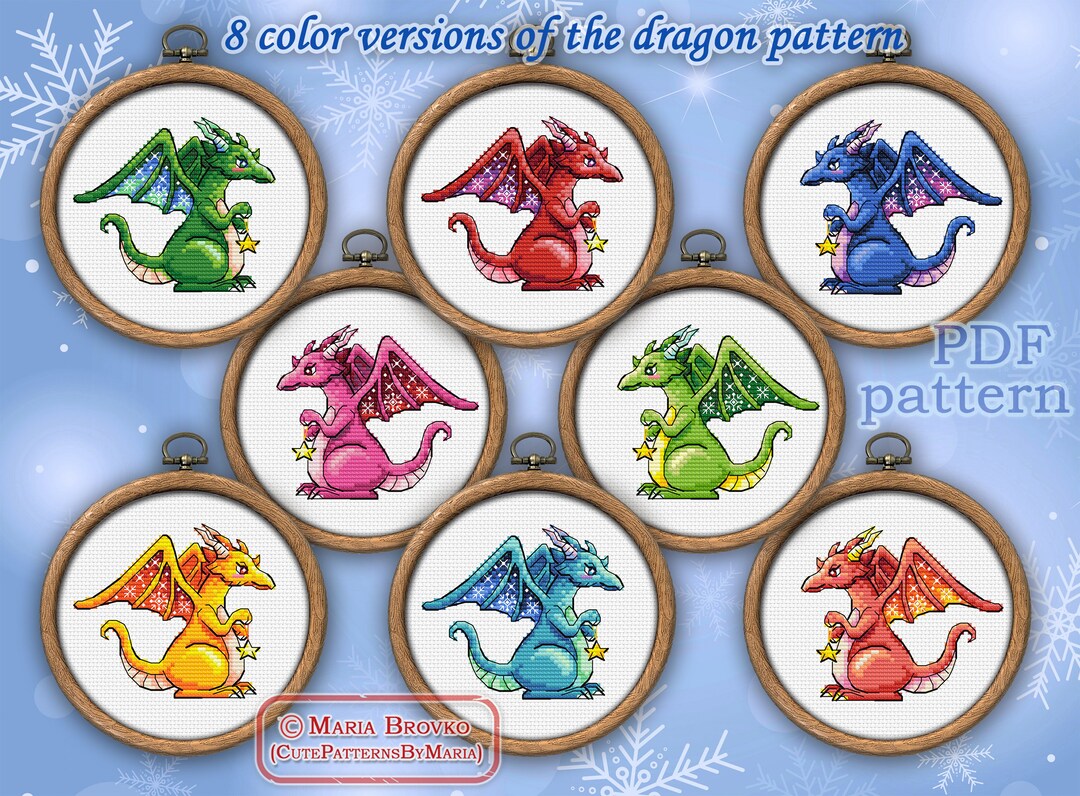 Cross Stitch Pattern 8 Color Options Dragon With Star and Snowflakes ...