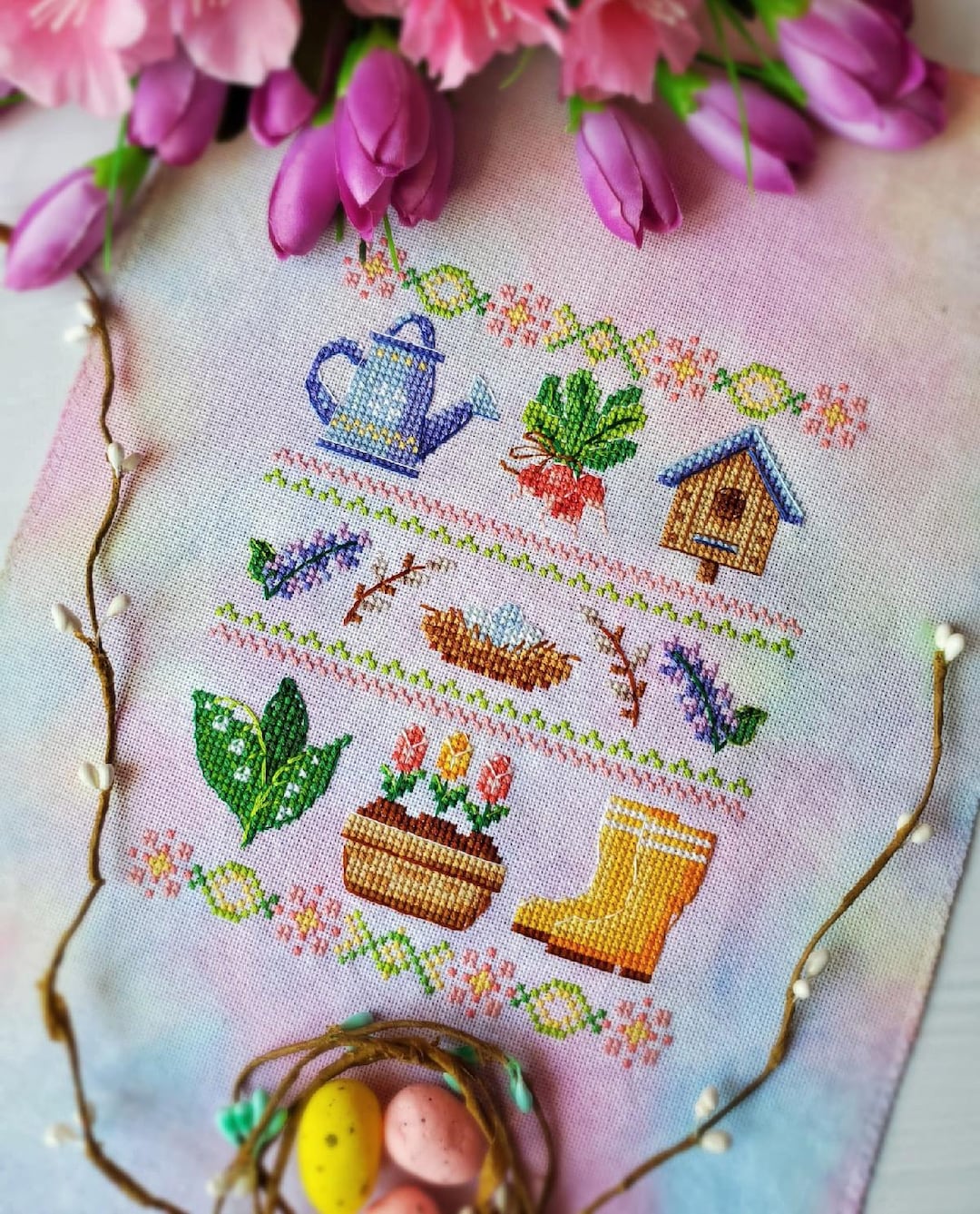 Cross Stitch Pattern Lovely Spring Sampler Dmc Chart Embroidery