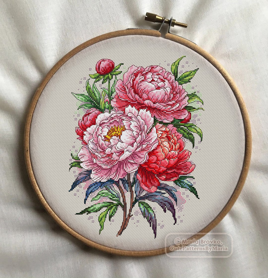 Cross Stitch Pattern Peonies DMC Chart Printable PDF Instant Download ...