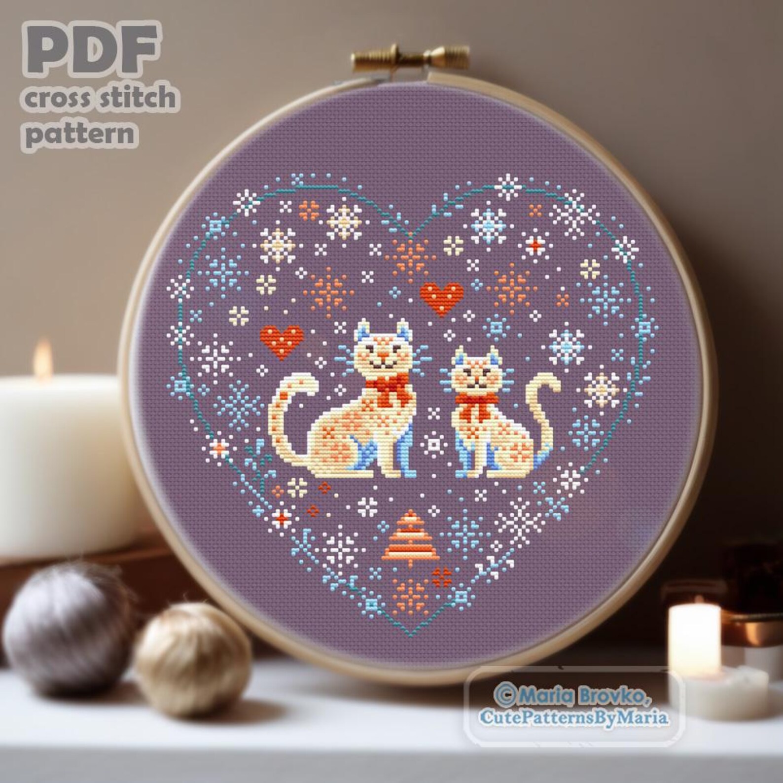 Cross Stitch Pattern Snowflake Heart With Cats DMC Chart Family ...