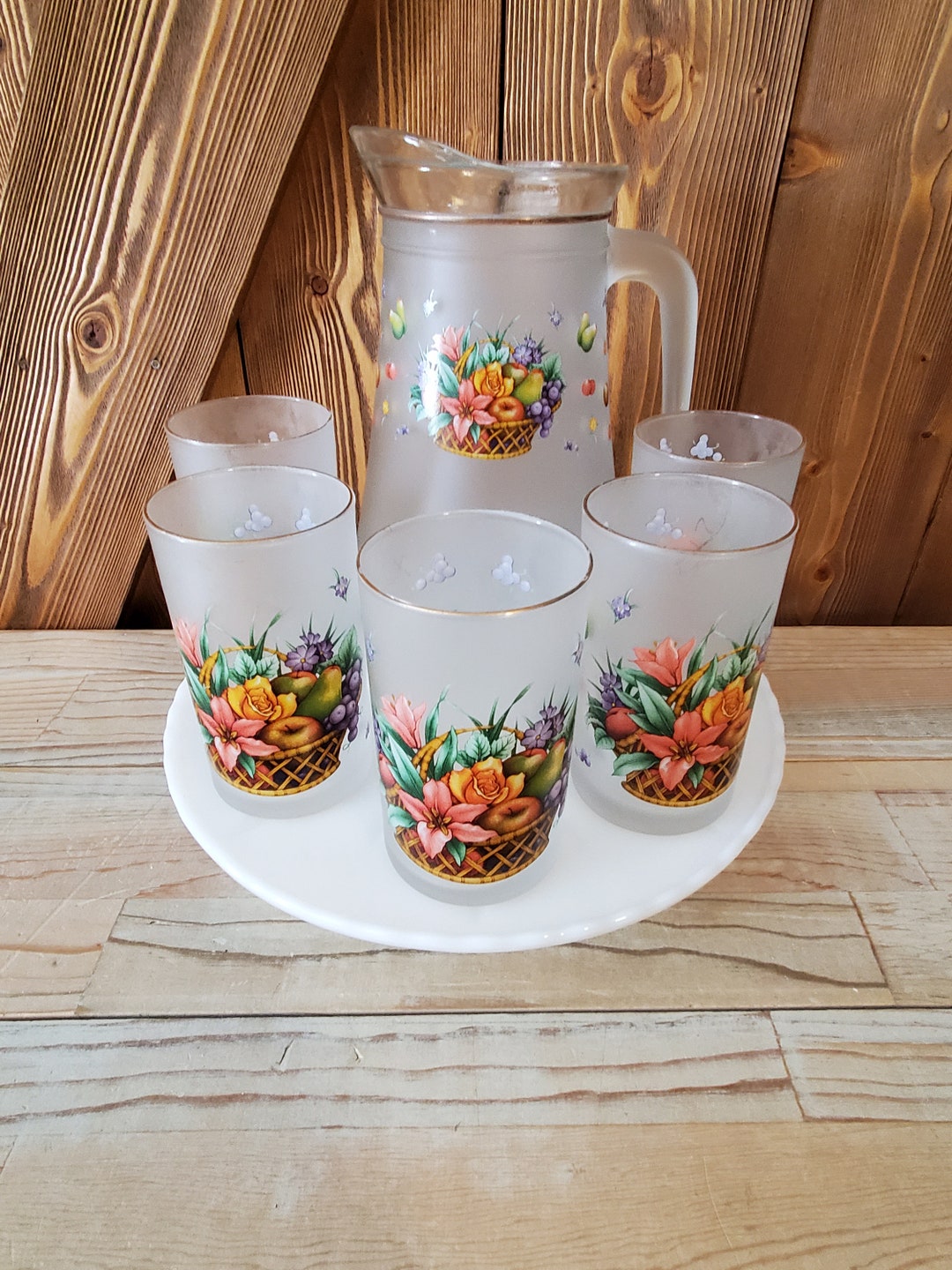 Vintage Frosted Glass Pitcher and Juice Glasses - 6 Piece Set - Etsy