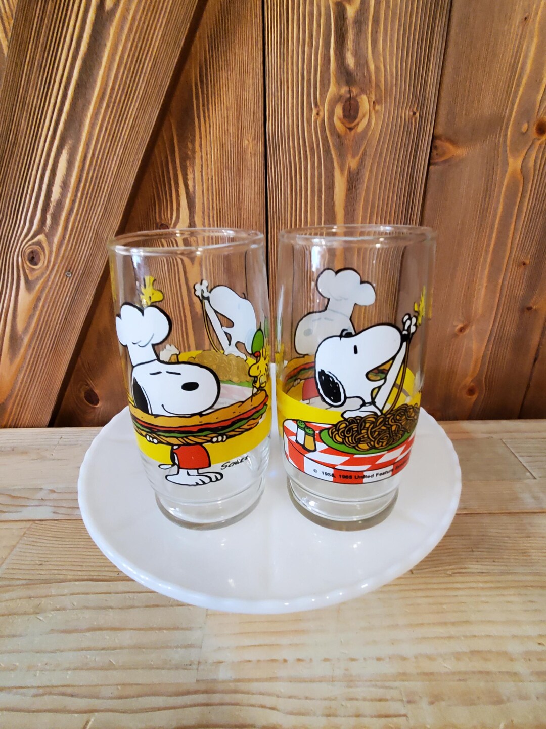 SET of 2 Vintage Snoopy Pasta and Hoagie Glasses Snoopy Spaghetti and ...