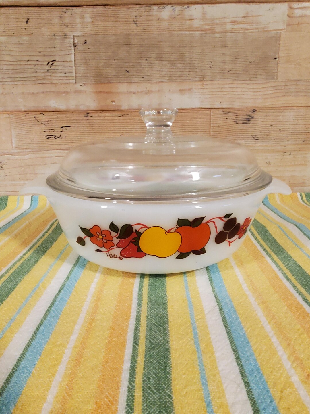Fire King Fruit Embossed Casserole Dish With Glass Lid - Fire King ...