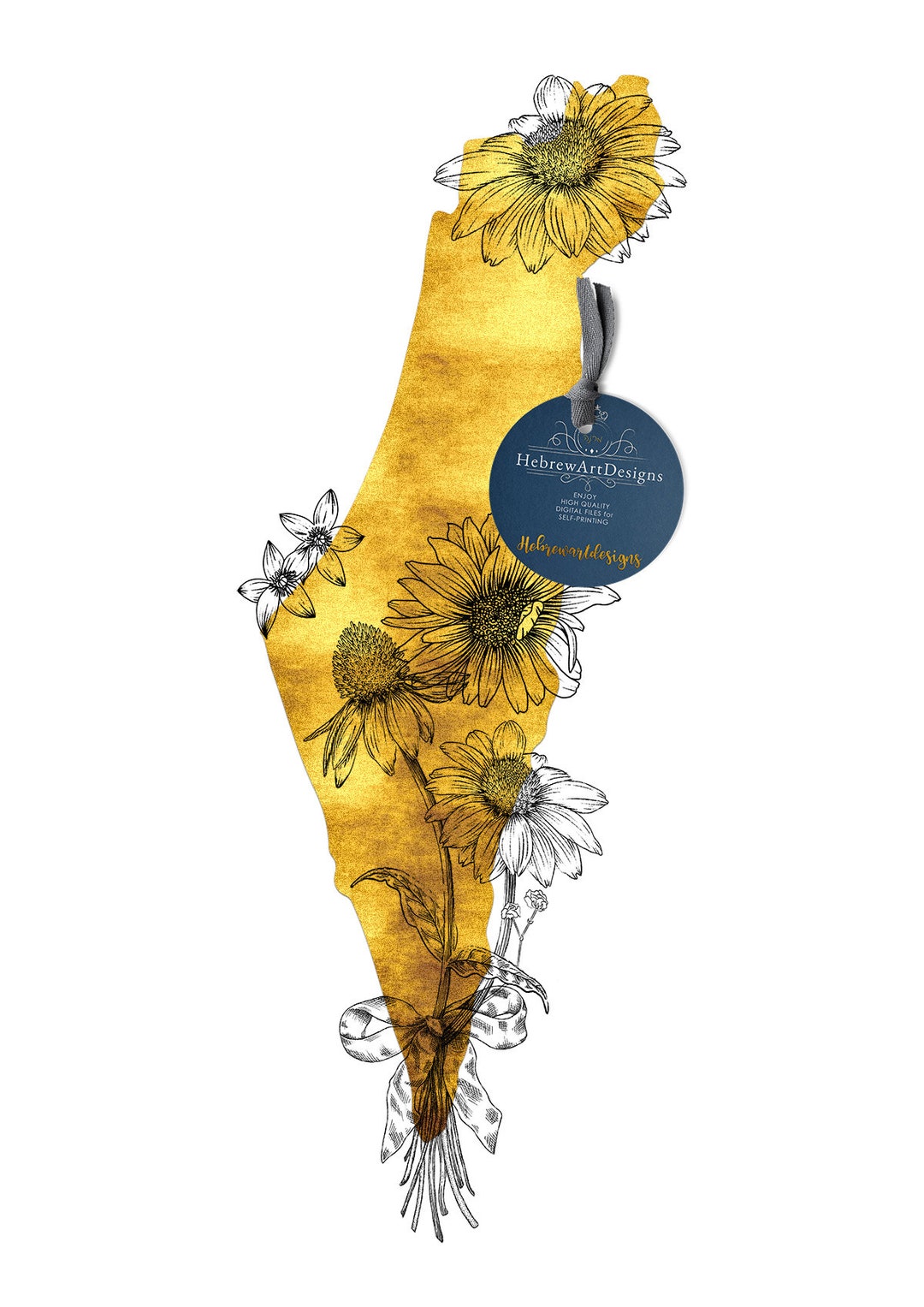 Golden Israel Map Art Print With Flowers (A3 Digital Download) - Etsy