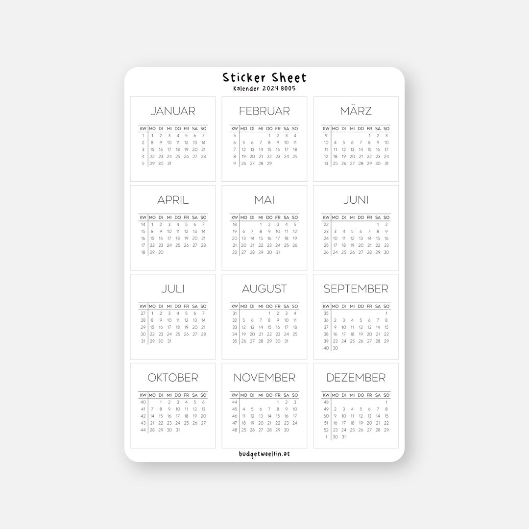 Calendar 2024 Sticker Set Minimalist Sticker Calendar 2024, Bullet ...