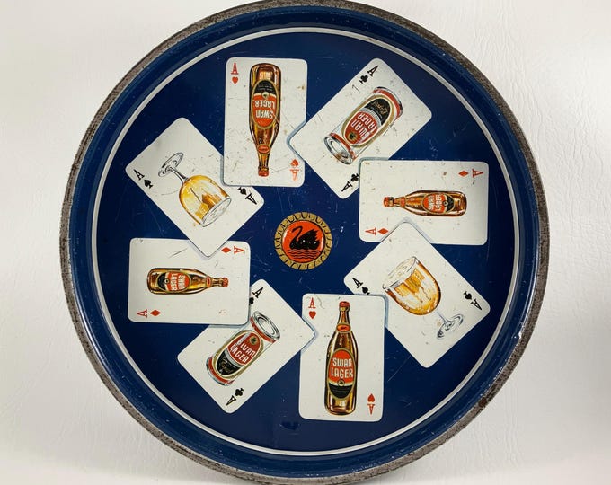 Vintage 12" Swan Lager Beer Tray With Playing Cards Beer Cans Bottles ...