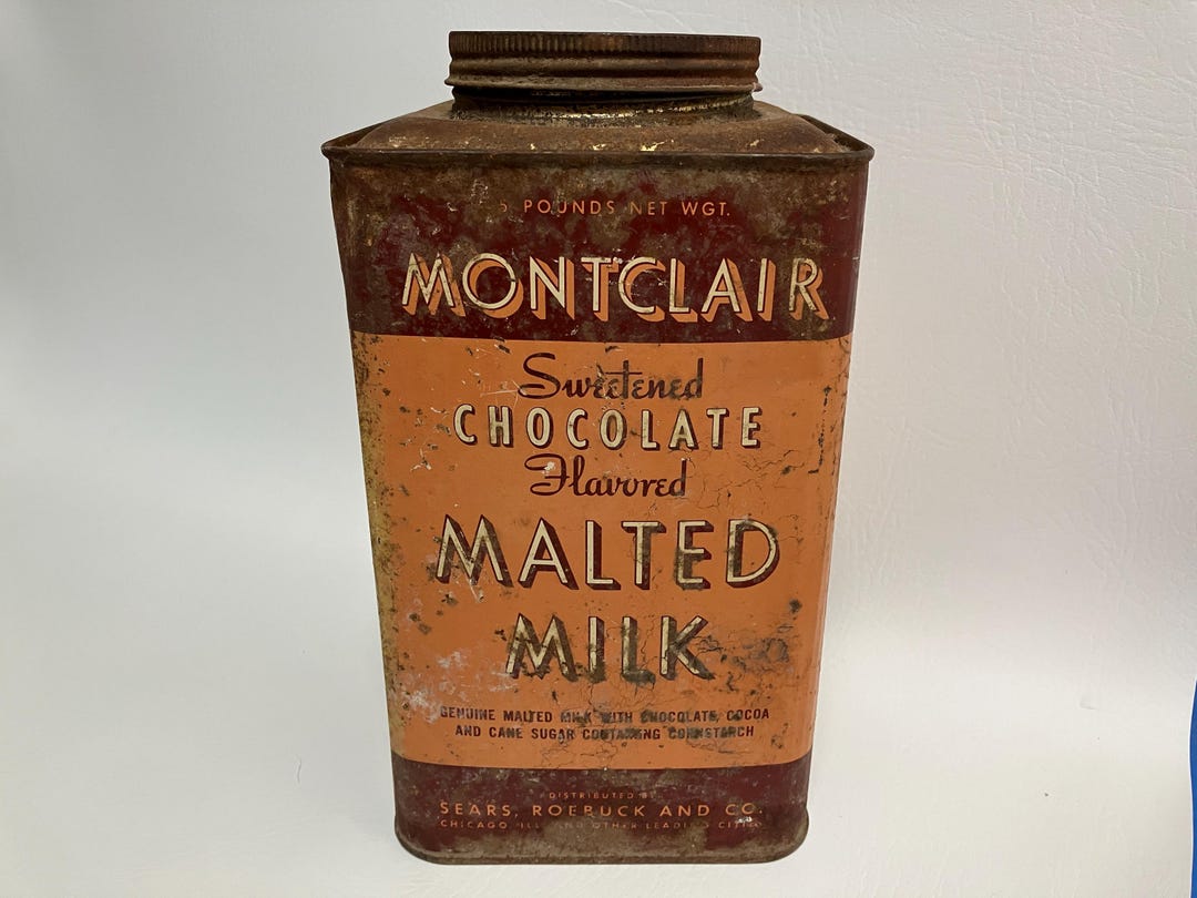1940's Montclair Malted Milk Tin With Lid Vintage 9" Tall Sears Roebuck ...