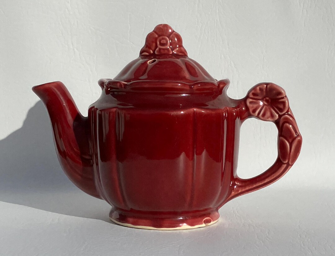 1940's Shawnee Rosette Teapot With Floral Handle in Burgundy Glaze ...