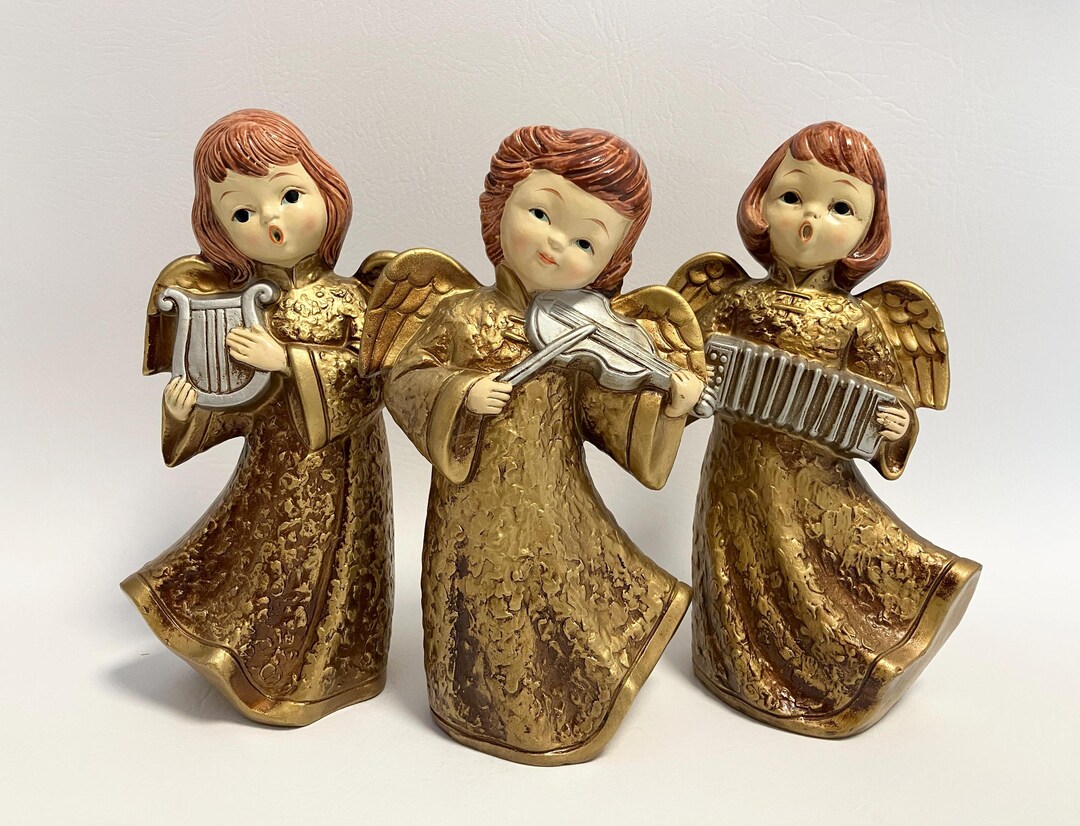 1960's Set of 3 Angels Playing Musical Instruments in Gold Robes ...
