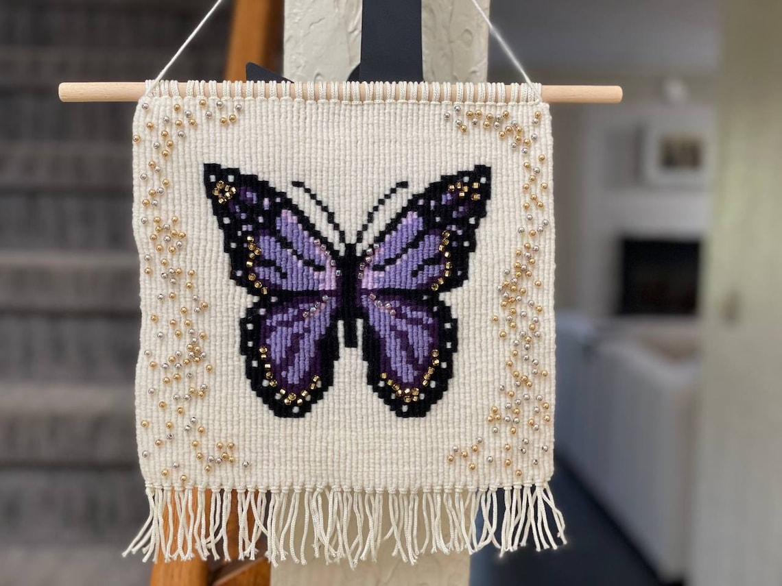Pixel Macrame Art, Butterfly Wall Hanging Decor, Purple Butterfly Close ...