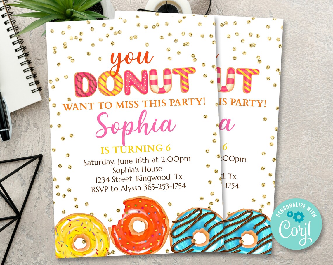 Donut Birthday Invitation Doughnut Party Invite Pink Donuts - Etsy