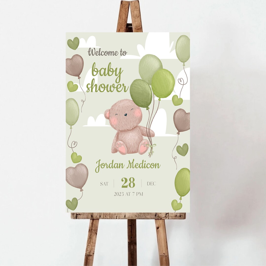 Teddy Bear Boy Baby Shower Welcome Sign, Teddy Bear Air Balloon Baby ...