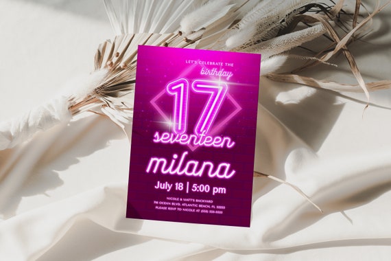Pink Neon 17th Birthday Invitation Glow Crazy 17 Bday Invitation ...