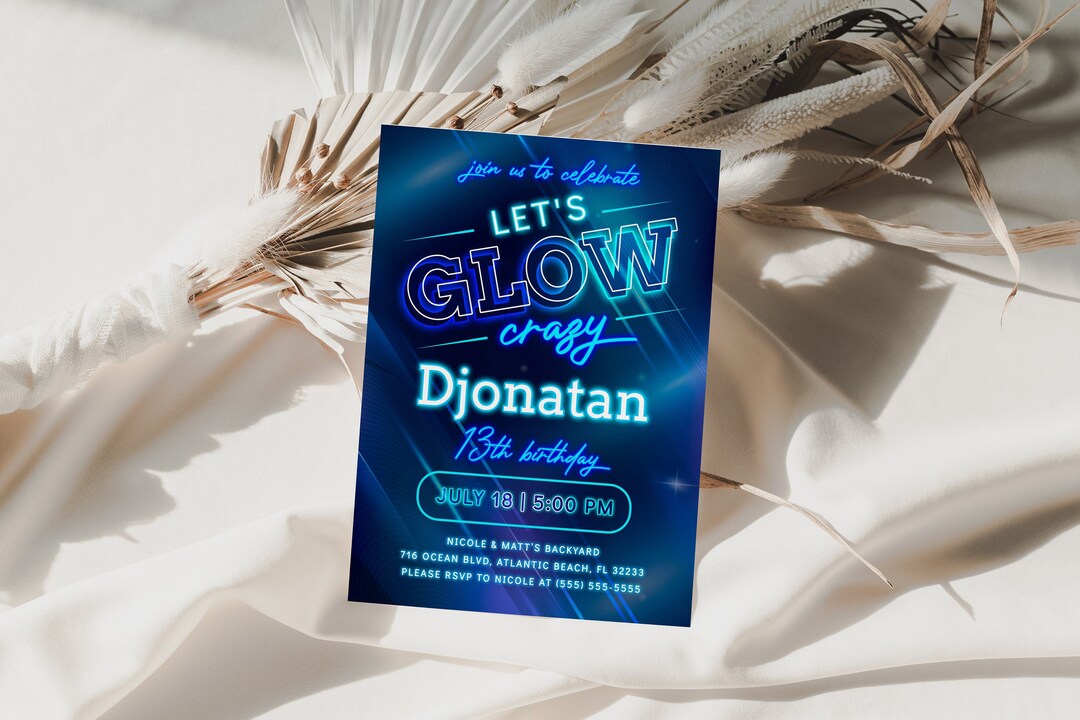 Blue Neon Party Invitation Download Editable Template Teen Boys Neon ...