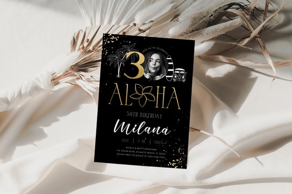 Tropical 30th Birthday Invitation with Photo Black Gold Beach Aloha ...