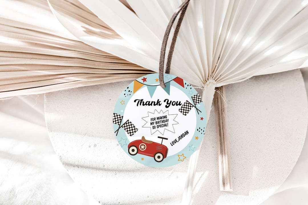 Race Car Circle Thank You Tag, Little Racer One Year Editable Gift Tag ...
