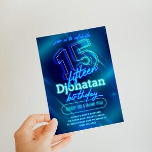 Blue Neon 15th Birthday Invitation: Editable Teen Party Invite (digital ...