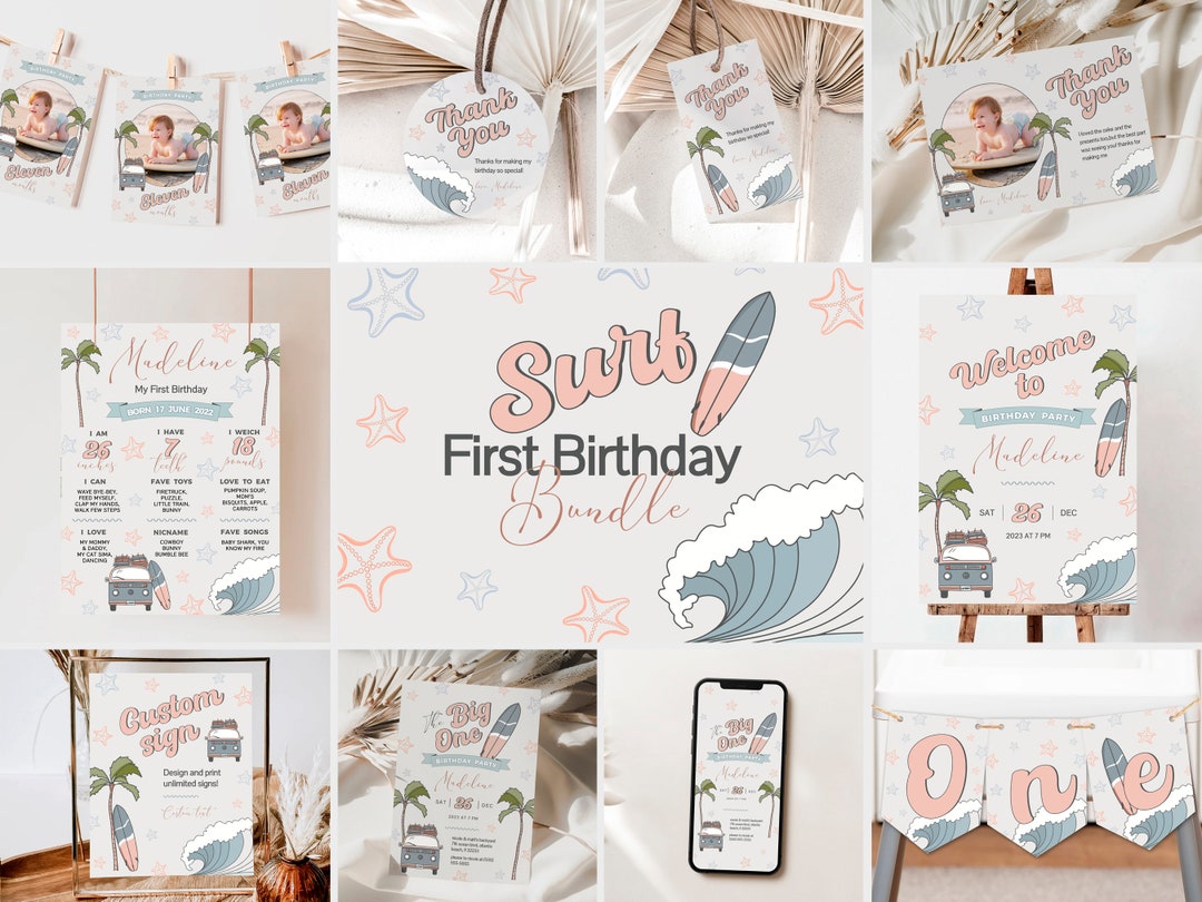 Surf First Birthday Bundle Big One Surfing Party Invitation Templates ...