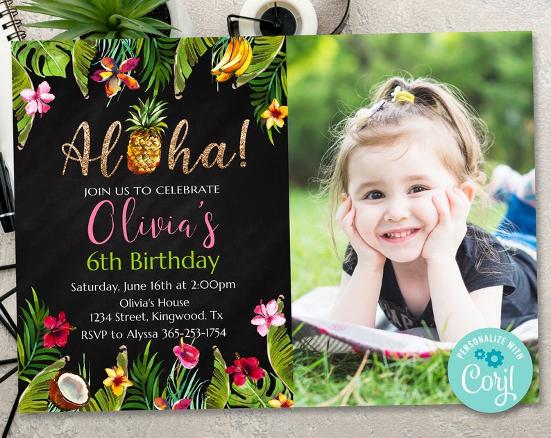 Aloha Birthday Invitation With Photo Chalkboard Pineapple - Etsy