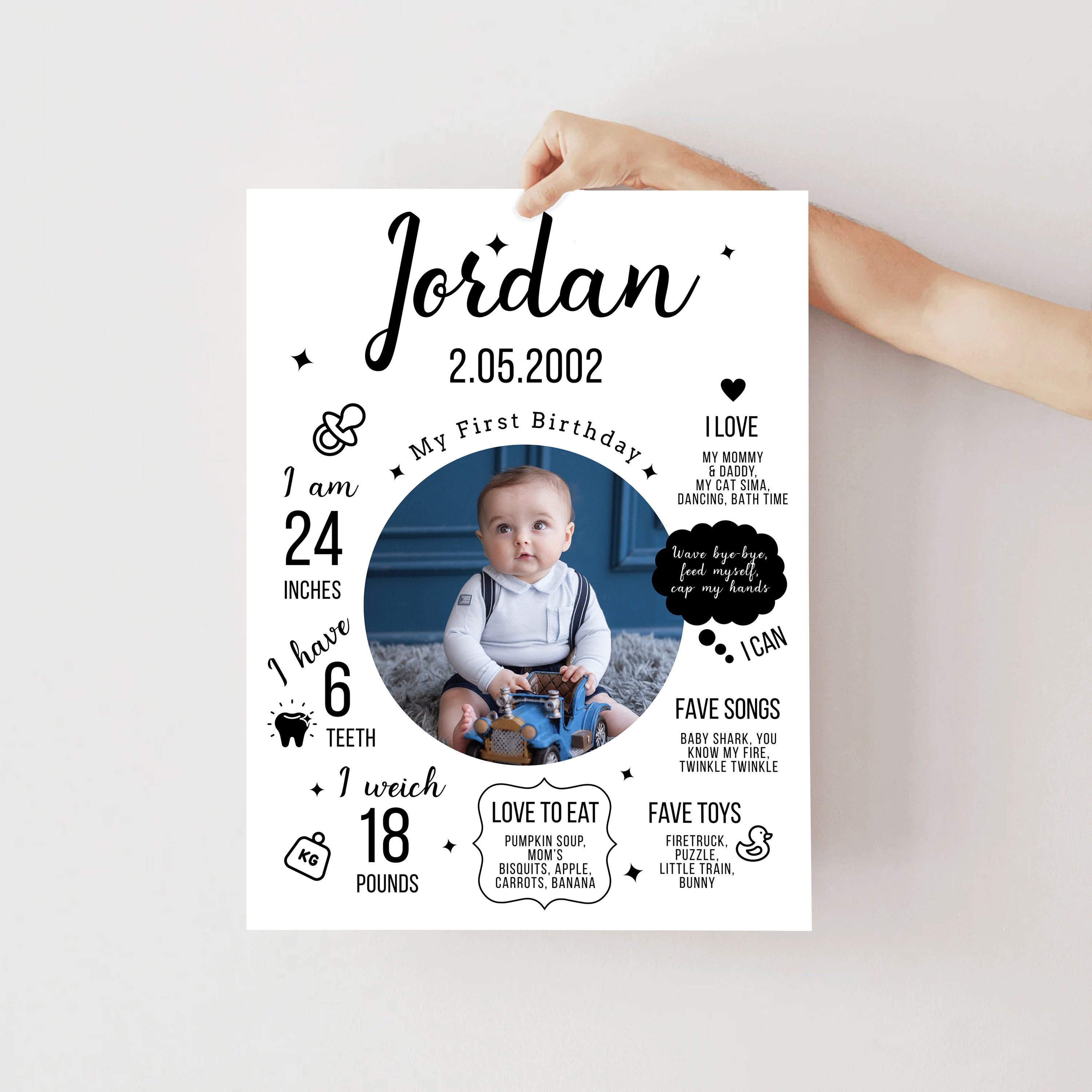 Editable First Birthday Milestone Sign: Modern Photo Poster (digital ...