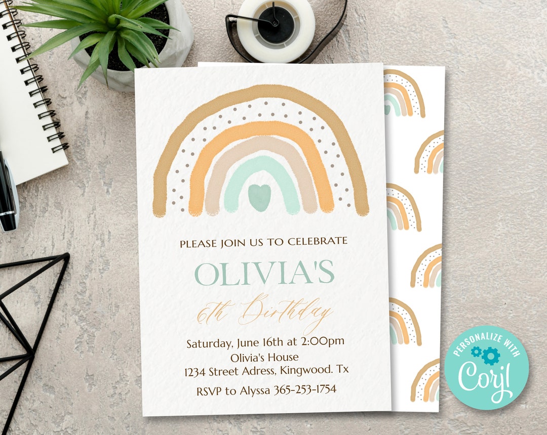 Rainbow Birthday Invitation Download, Watercolor Boho Rainbow ...
