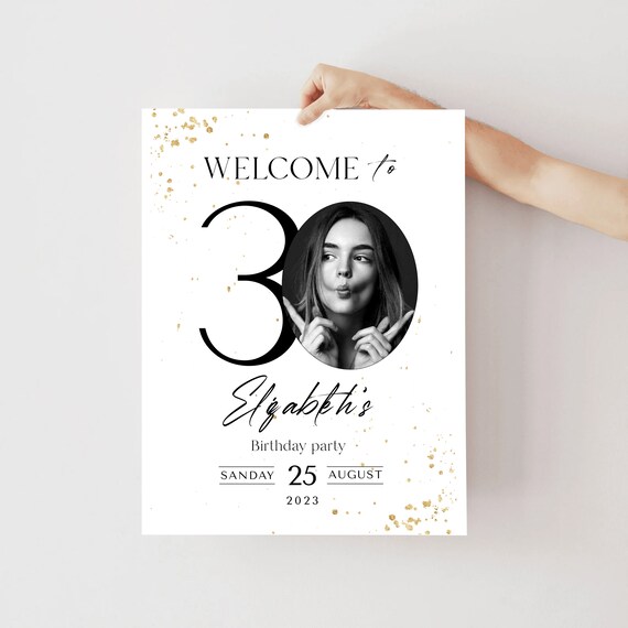 30th Birthday Welcome Sign Thirty Years White Gold Editable Welcome ...