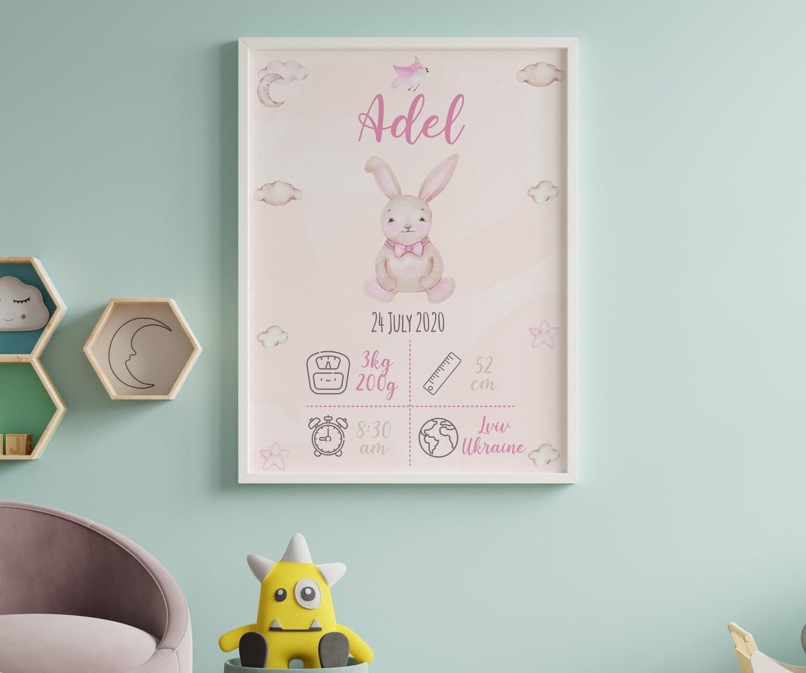 Girl Birth Poster, Personalized Birth Poster, Child Poster, Watercolor ...