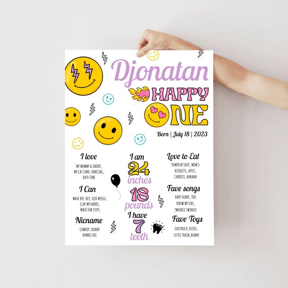 Smiley Face First Birthday Milestones Sign, Happy One Birthday Party ...
