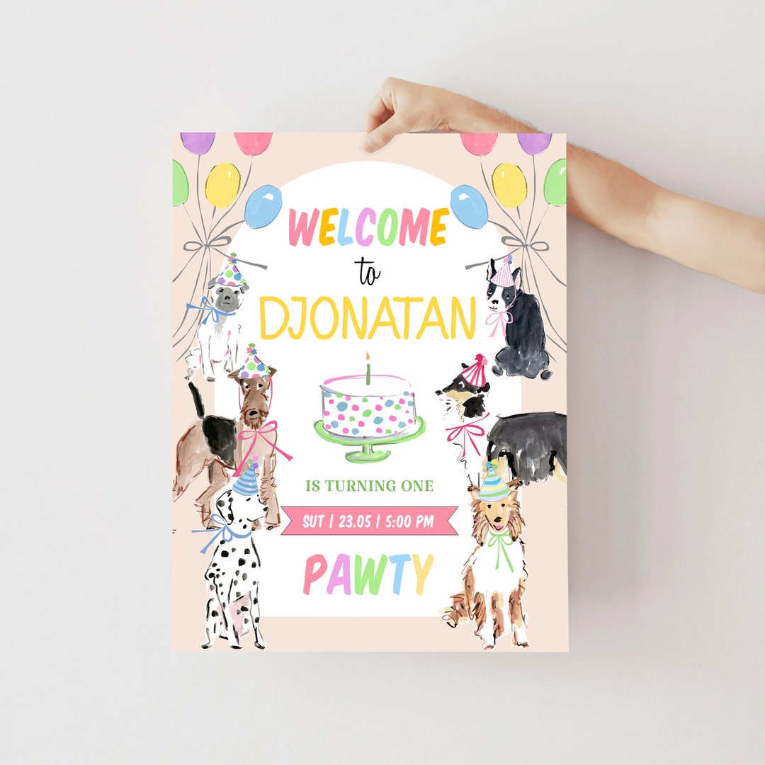 Dog Birthday Welcome Sign, Editable Pawty Birthday Pet Welcome Board ...