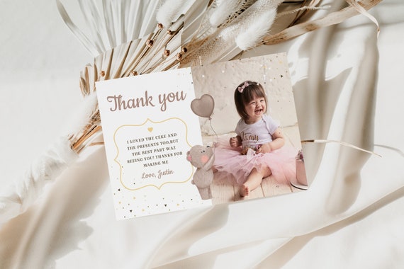 Teddy Bear Birthday Thank You Card With Photo, Printable 1st Baby Beary ...