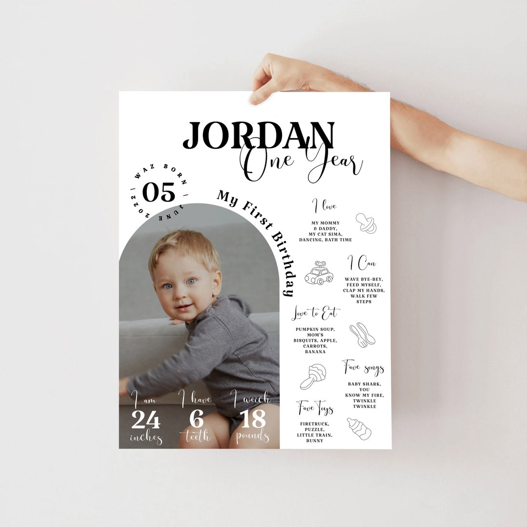 Boy's First Birthday Milestone Sign: Photo Infographic (digital ...